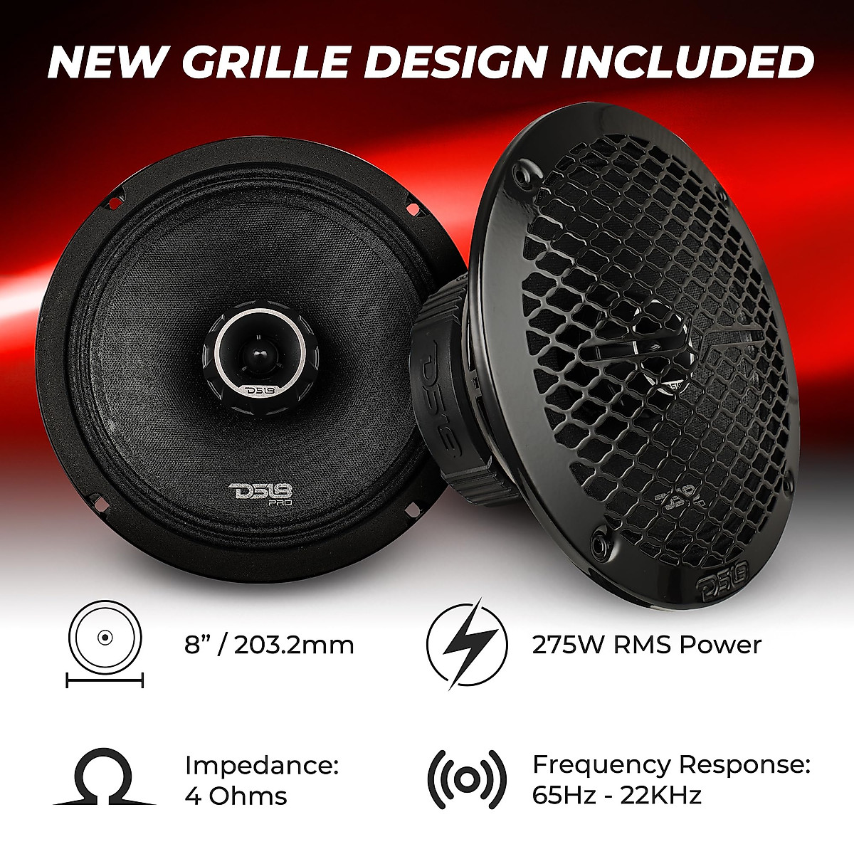 DS18 PRO-ZT Pro Audio Coaxial Midrange Speakers with Built-in Bullet Tweeter, 4-Ohms, Water Resistant - Black Metal Mesh Grill Included (1 Speaker) (8" inches)
