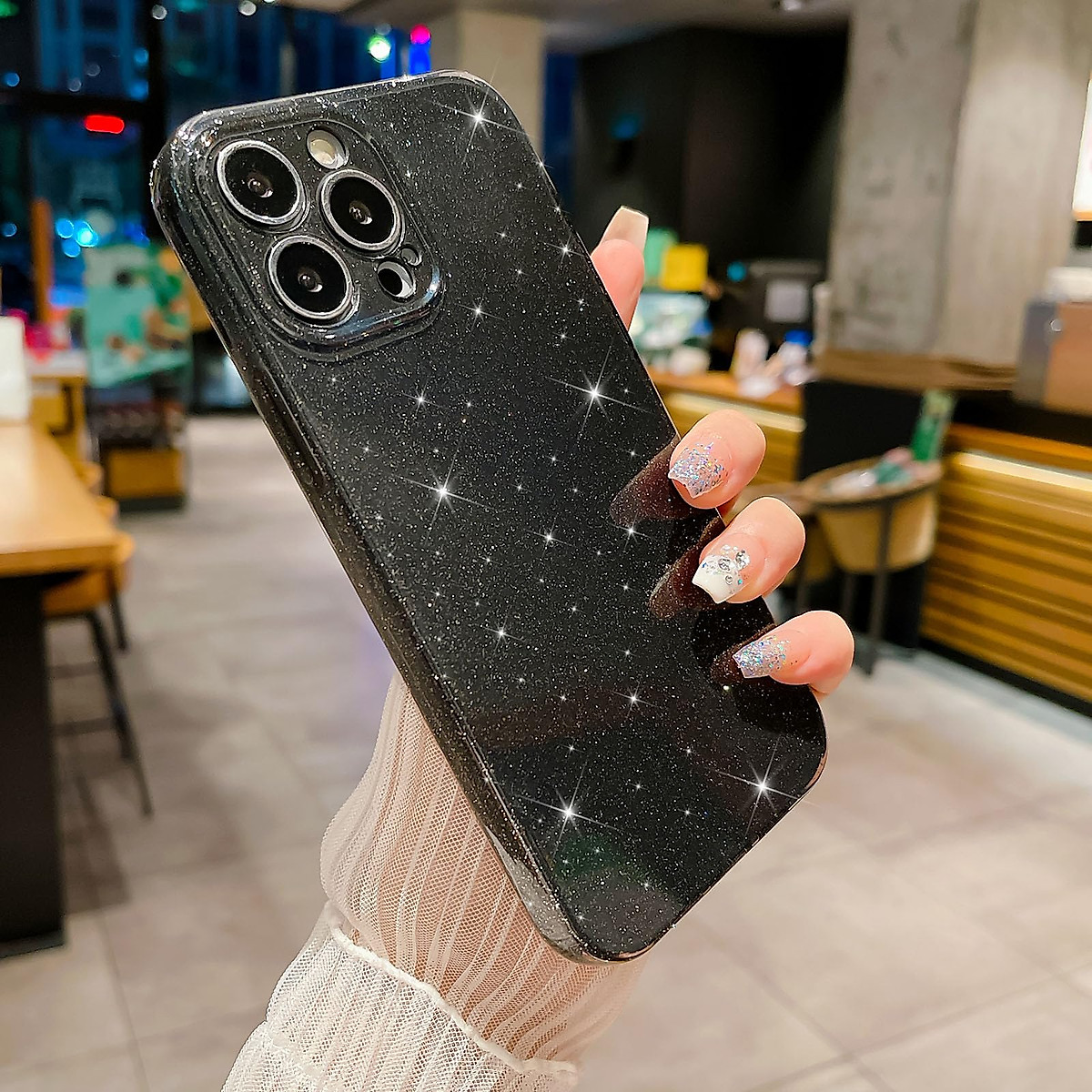 LIFCIUSO Glitter Bling Compatible with iPhone 13 Pro Max Case (6.7 inch) - Cute Sparkly Protective Case for Women and Girls, Soft TPU Design in Black