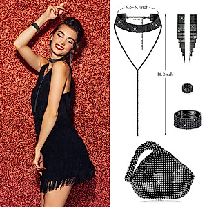 Sanfenly 6 Pieces Women Crystal Jewelry Set Rhinestone Choker Necklace Stretch Bangle Bracelet Ring Dangle Fringe Earrings Triangle Bling Glitter Purse for Bridal Wedding Party