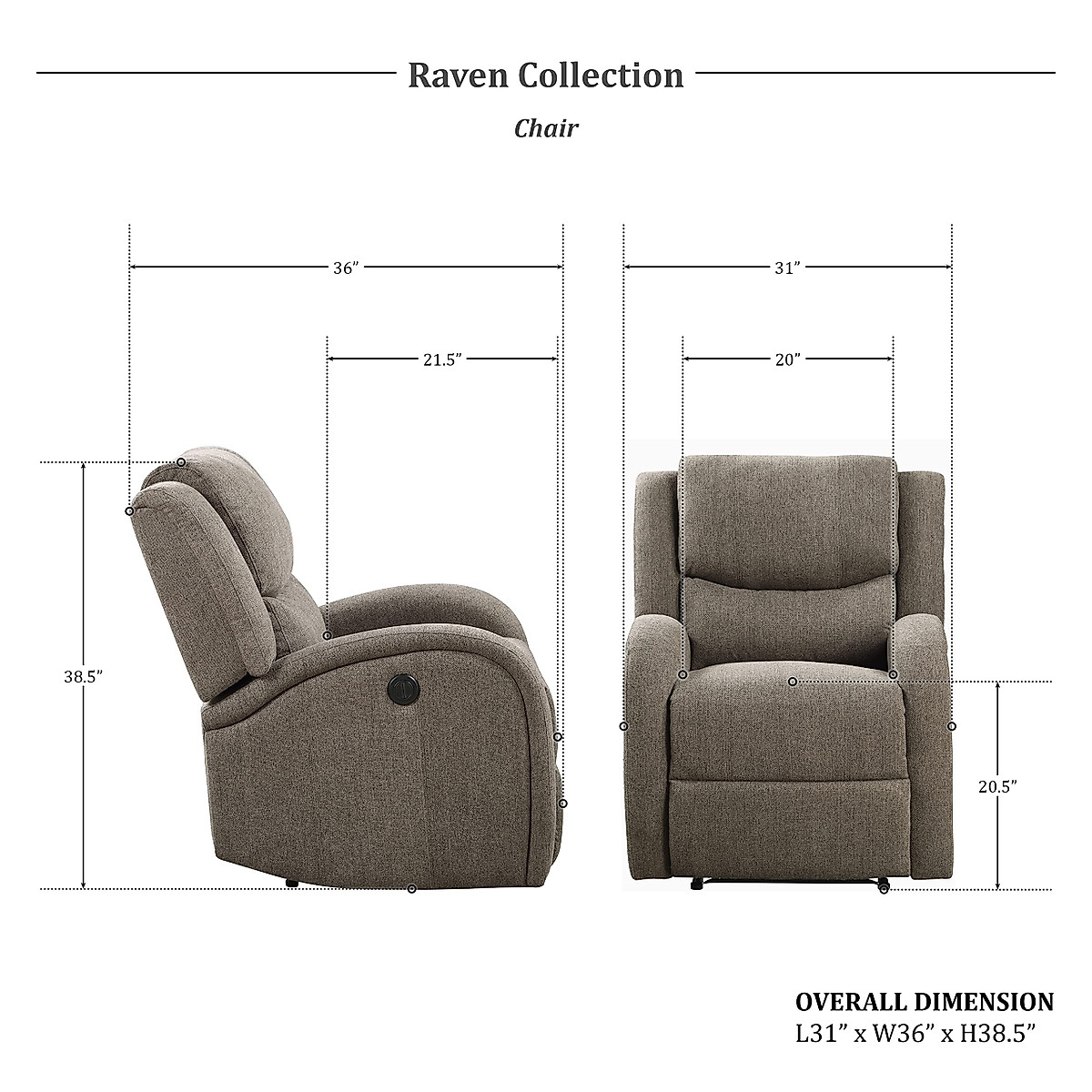 Lexicon Raven Wall-Huger Power Recliner, Brown