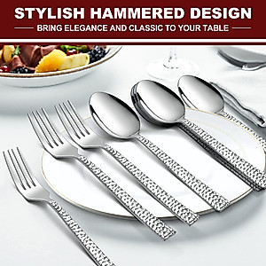 E-far 24-Piece Hammered Forks and Spoons Silverware Set, Stainless Steel Square 12 Dinner Forks and 12 Dinner Spoons, Modern Metal Flatware Cutlery for Kitchen and Restaurant, Dishwasher Safe-7.9 Inch