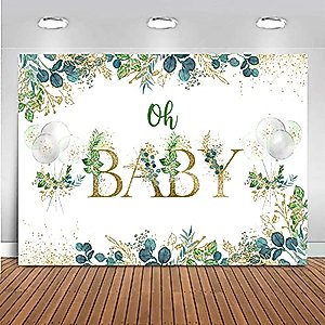 Mocsicka Oh Baby Greenery Backdrop for Boy Greenery Gender Neutral Baby Shower Photography Background Vinyl Green Leaves Baby Shower Backdrops Decorations for Boys (7x5ft)