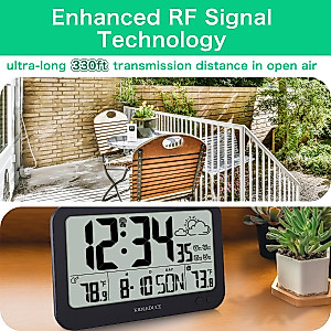 KIDLEDUCT Digital Wall Clock Battery Operated, Atomic Desk Clocks with Temperature Indoor Outdoor, 8.5" Large Display Weather Forecast Thermometer with 4 Alarms, 330ft Wireless