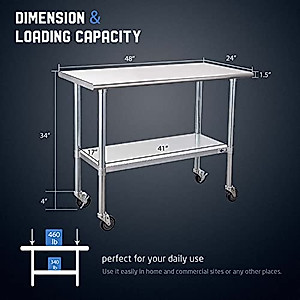 Profeeshaw Stainless Steel Table with Wheels 24x48 Inch, NSF Commercial Kitchen Prep & Work Table with Undershelf and Galvanized Legs for Restaurant, Bar, Utility Room and Garage Heavy Duty Table