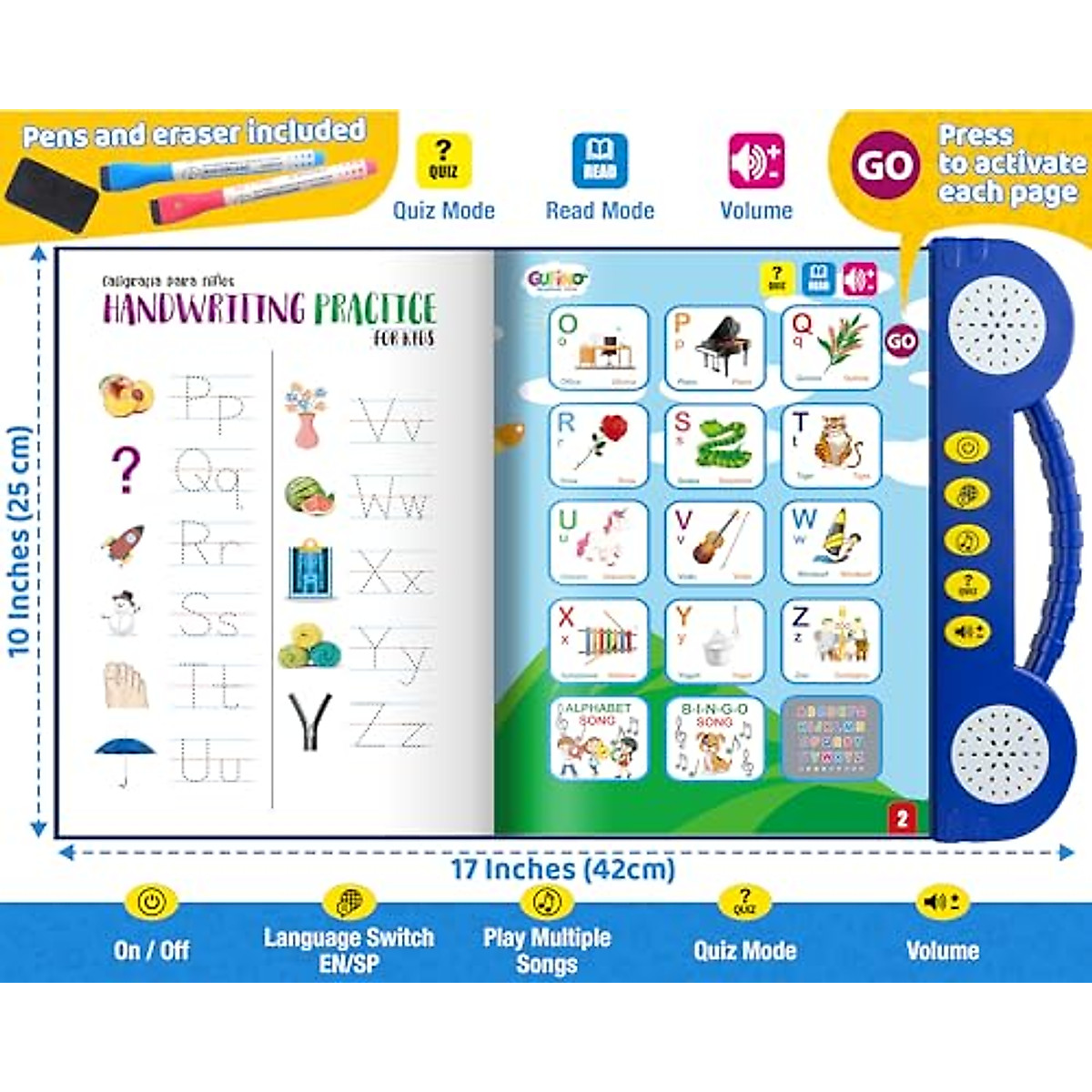 GUFINO Spanish & English Learning Toys Electronic Book; Kids Learning Toys for 3 Year Olds and Older. ABC Learning for Toddlers, Numbers, Songs, Colors; Best Toddler Learning Toys for 3+ Year Olds.