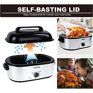 NECERO Roaster Oven 28 Quart Electric, Electric Roaster Pan with Visible&Self-Basting Lid, Large Stainless Steel Electric Turkey Roaster Oven Defrost Warm Function, Removable Pan Rack, Up To 24LB