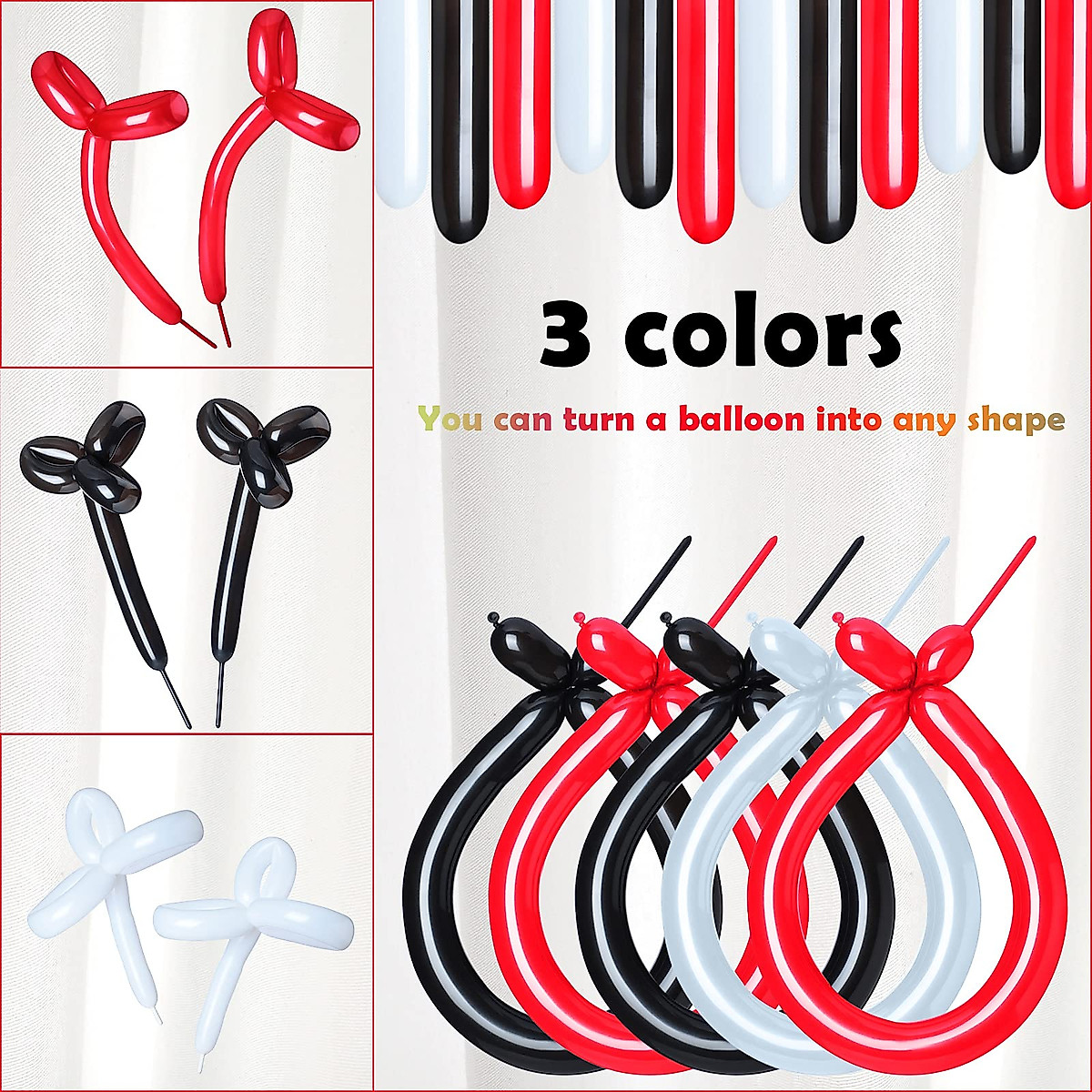 100 Pieces Long Twisting Balloons Latex Modelling Balloons for Art Animal Shape Party Weddings Birthdays Clowns Decorations Party Supplies(Black, Red, White)