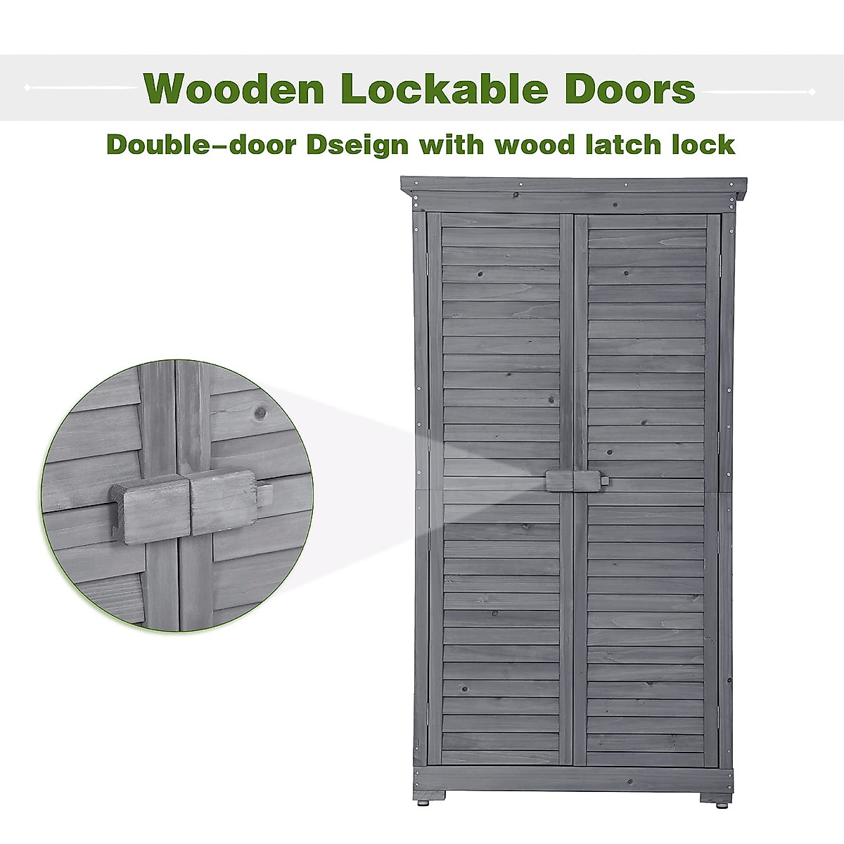 Outdoor Wooden Storage Shed with Floor, Wood Storage Cabinet Waterproof, Garden Tool Shed with 3-Tier Shelves, Outside Vertical Shed with Shutter Design, Fir Wood, Latch Lock (Gray)