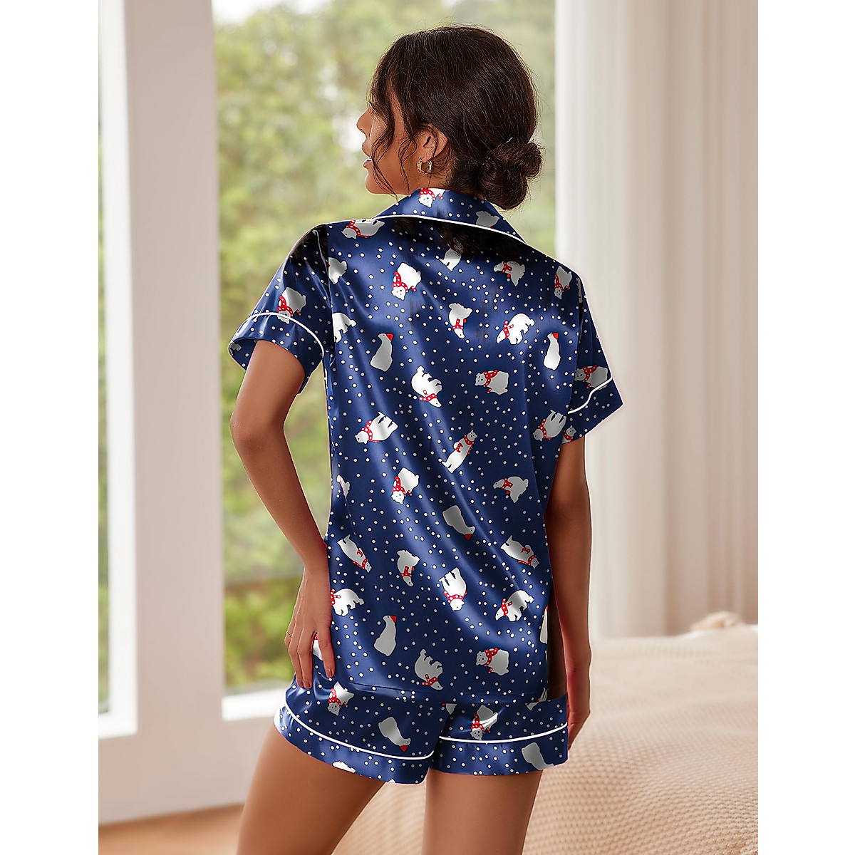 Ekouaer Christmas Pajamas for Women Satin Sleepwear Short Sleeve Button Down Loungewear Pjs Set (Christmas Polar Bear,S)