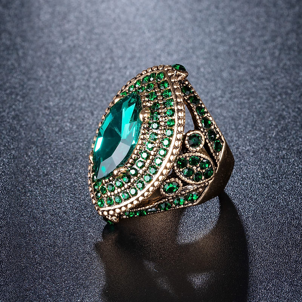 CKHAO Women Ring - Big Size Antique Gold Plated Turkish Style Green Gemstone Vintage Girls Ring Women Jewelry 0769GREEN (7)