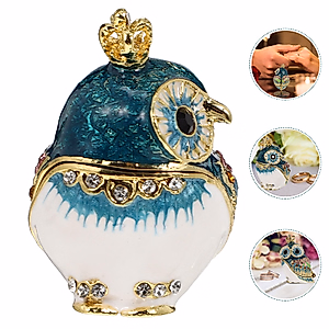 VOSAREA Owl Trinket Box Hand Painted Metal Hinged Jewelry Box Enameled Crystals Rings Earrings Necklace Storage Container Animal Figurine Collectible for Home Decor Blue