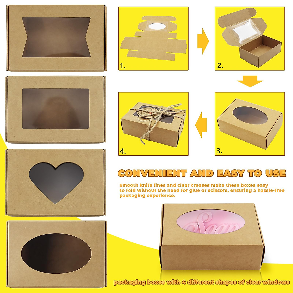 RYKOMO 60 PCS Soap Boxes for Homemade Soap 3.55 X 2.4 X 1.2 Inch Small Soap Packaging Boxes Kraft Soap Box with Window Mini Soap Gift Boxes for Homemade Soap Bakery Candy Cookies Packaging