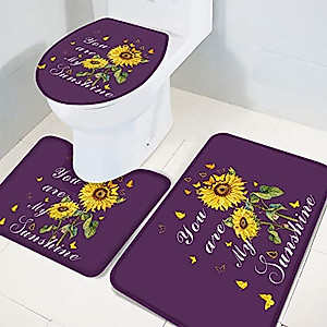 3 Piece Bath Rugs Sets Sunflower Butterfly Non Slip Bathroom Carpet You are My Sunshine Dark Purple Absorbent U-Shaped Toilet Mat, Toilet Lid Cover