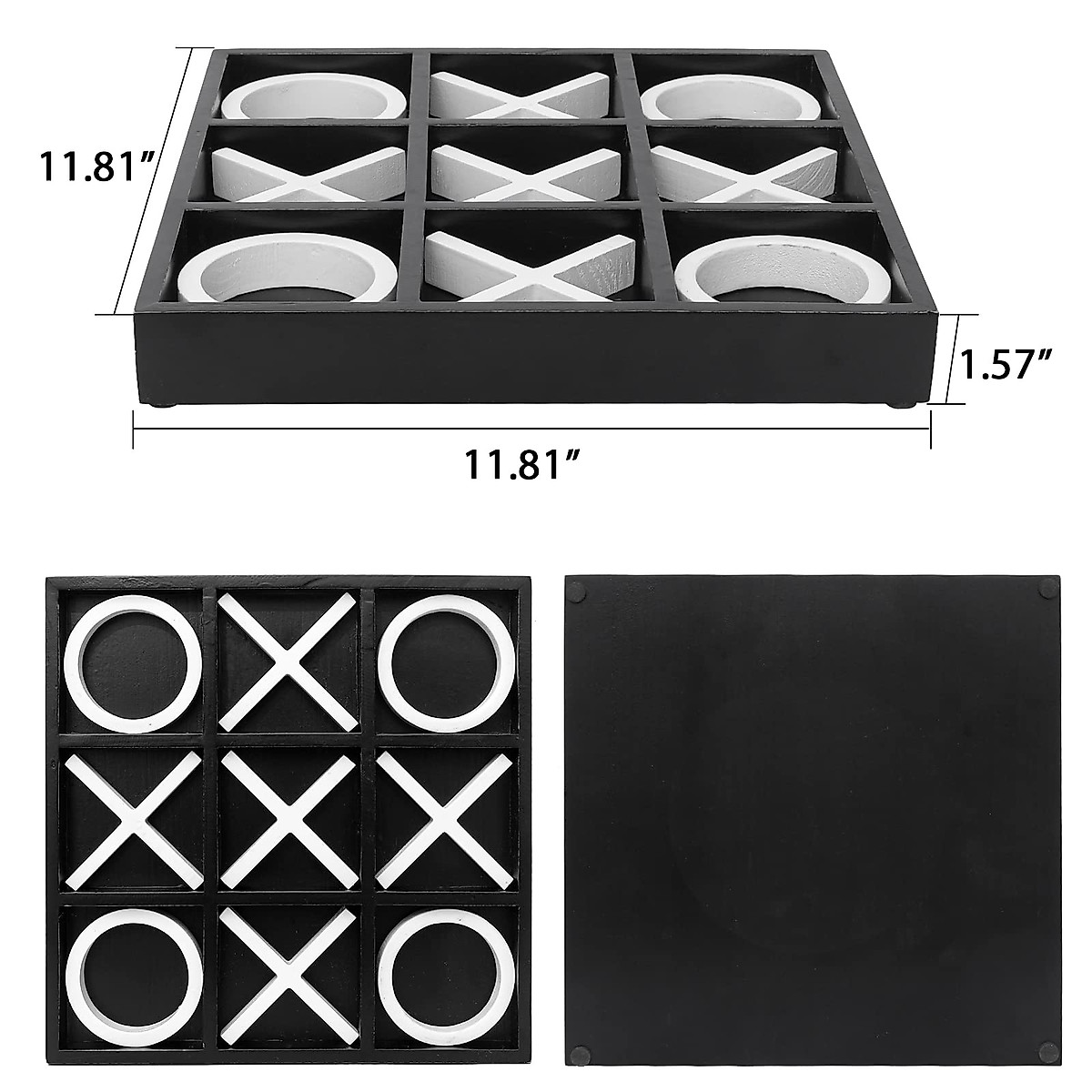 FUIN Wood Tic Tac Toe Decorative Board Game Set for Coffee Table Decor, 14" x 14", Black and White