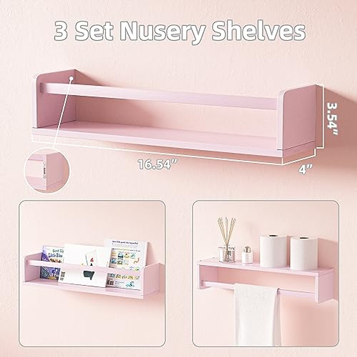 Senjie Nursery Book Shelves,15.7 inch Kids Bookshelf,Wall Book Shelves for Kids Room, Home Decor - Kitchen Spice Rack Set of 3 - Pink