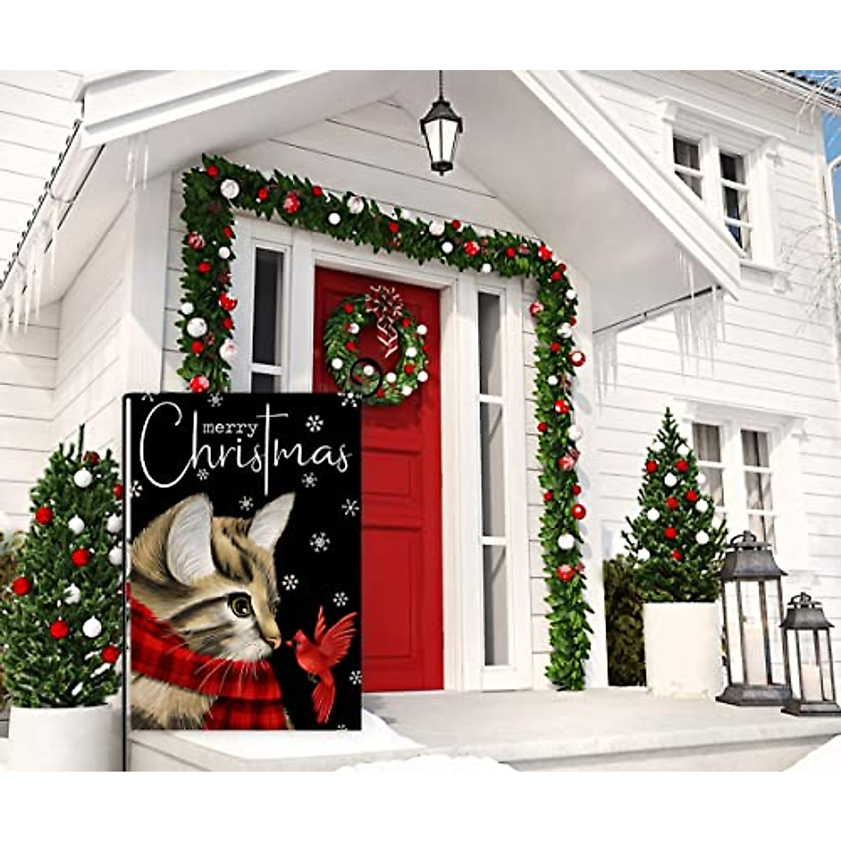 Christmas Cat Garden Flag 12x18 Vertical Double Sided Merry Christmas Cardinal Bird Farmhouse Winter Holiday Outside Decorations Black Burlap Yard Flag BW213
