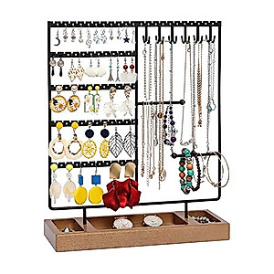 X-cosrack Earring Holder,5-Tier Ear Stud Holder with Wooden Tray,Jewelry Organizer Holder for Earrings Necklaces Bracelets Watches and Rings,Earring Display Stand with 132 Holes,Black