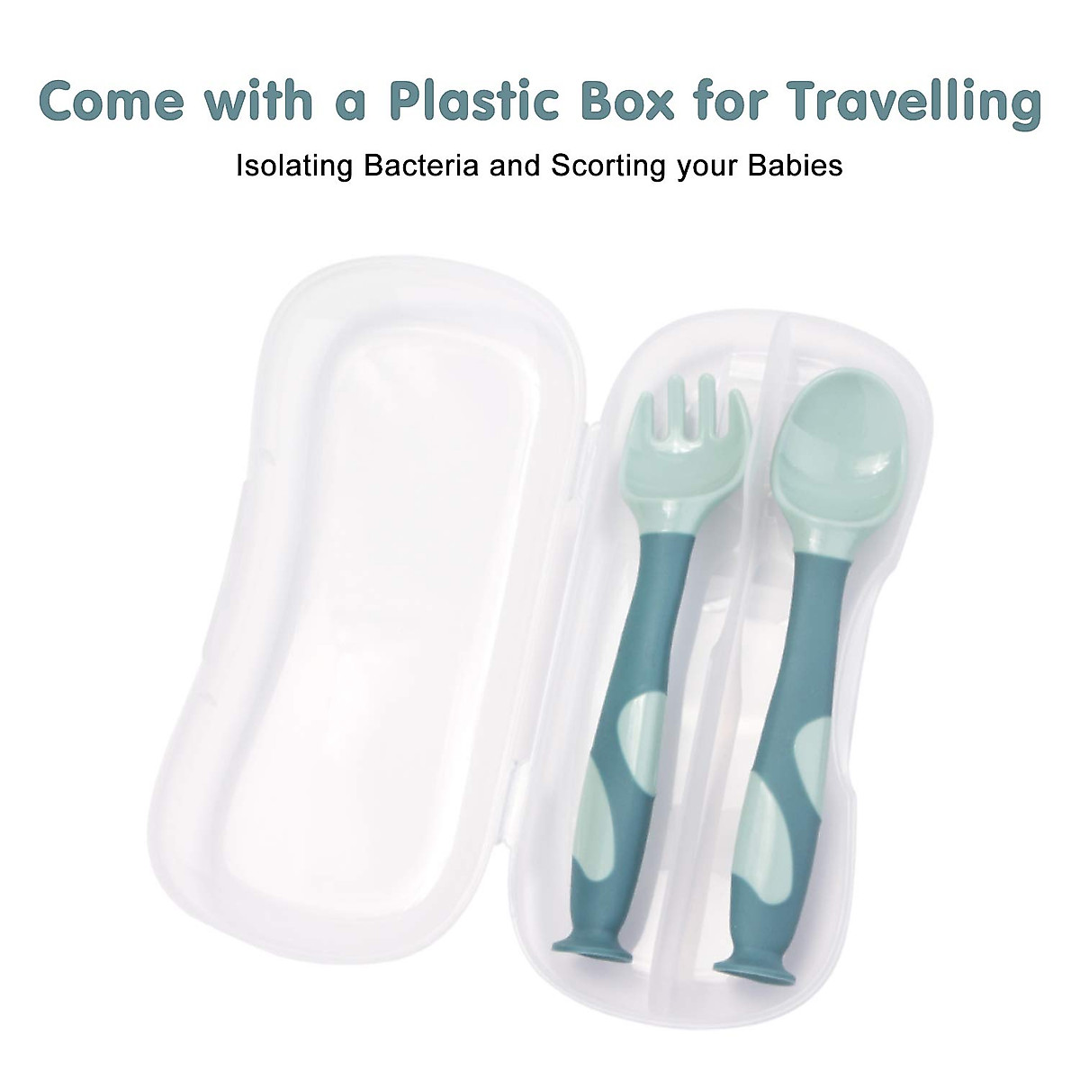 Qshare Baby Utensils Spoons with Travel Safe Case, Toddlers Feeding Training Spoon with Easy Grip and Bendable Function, Perfect Self Feeding Learning Spoons (SuctionBlue/Pink)