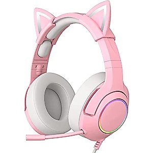 PHNIXGAM Pink Girl Gaming Headset for PS4, PS5, Xbox One(No Adapter), Wired Over-Ear Headphones with Detachable Cat Ears, Noise Cancelling Microphone, RGB Backlight, Surround Sound for PC