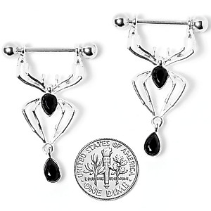 Body Candy 14G Womens Nipplerings Piercing 316L Steel 2Pc Black Accent Spider Dangle Nipple Ring Set 9/16"