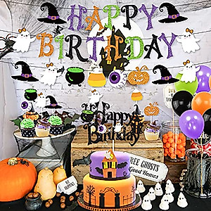 Halloween Birthday Party Decorations, Halloween Happy Birthday Banner Garland Halloween Cake Topper Latex Balloons Set for Halloween Birthday Party Supplies Baby Shower Halloween Bar Home Decor