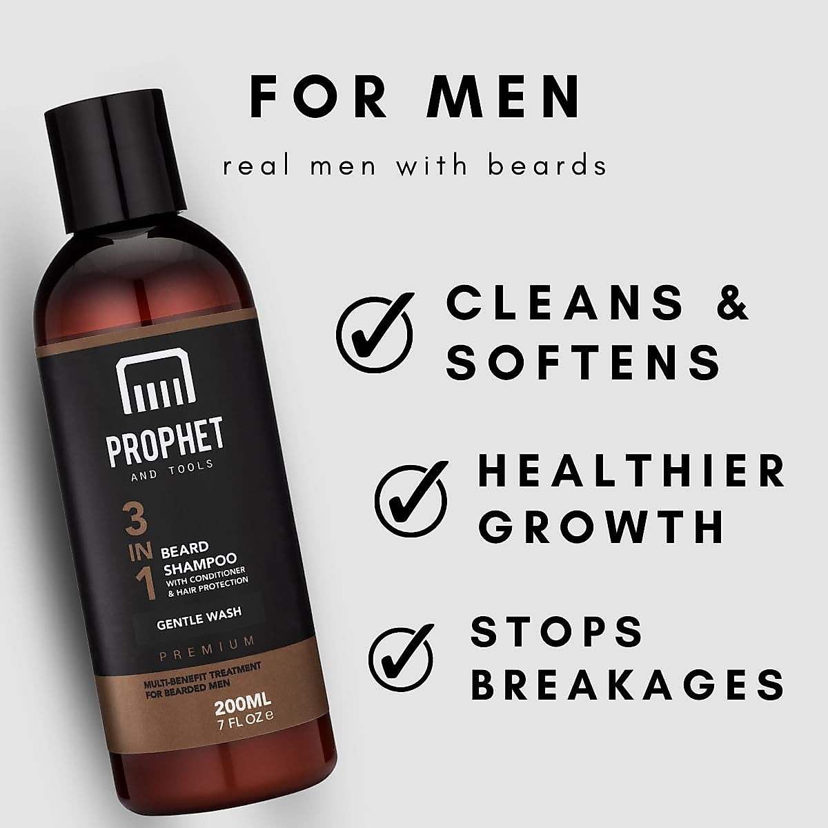 Prophet and Tools 3-in-1 Beard Shampoo & Conditioner - Gentle Cleanser for Soft, Shiny, Tangle-Free Beard - 8.5 oz
