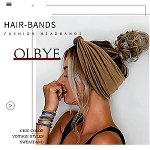 Olbye Wide Headbands Women Knotted Turban Headband Elastic Non Slip Hairbands Yoga Workout Head Wraps Running Sweatbands Boho Head Bands Fashion Hair Accessories for Women Pack of 6（Solid Color B）