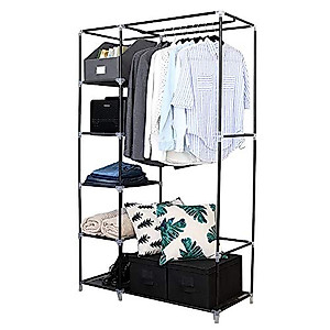 Karl home Portable Closet, Wardrobe Closet with 1 Hang Rod & 5 Storage Cube for Clothes Organizer, Side Storage & Dustproof Cover, 41.3" L x 18" W x 64" H, Black