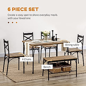 HOMCOM Industrial Dining Table Set for 6 People, 6 Piece Kitchen Table and Chairs Set, Dinner Table with Bench, Steel Frame and Storage Shelf, Dinette Set, Rustic Brown