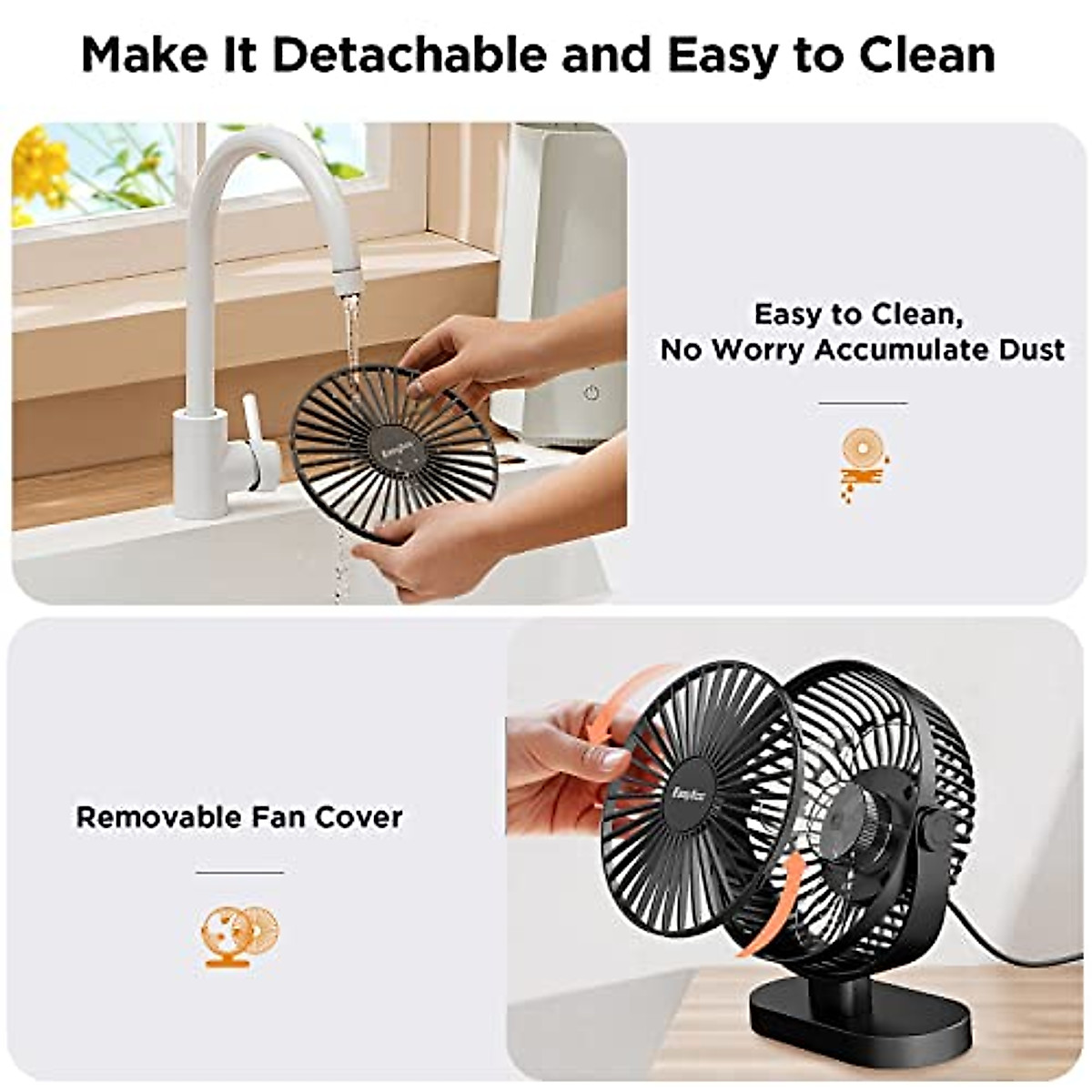 EasyAcc 6.5 inch USB Desk Fan, Small Desk Fan [with Strong Airflow & 360°Adjustment & 3 Speeds & Quiet] Small Portable Desk Travel Fan Quiet for Home Office Bedroom Table Desktop Travel (NO BATTERY)