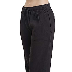 J CE Women's Cotton Gauze Low Waist Beach Pants with Pockets (Black, L)