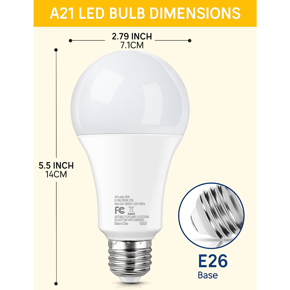 200-250 Watt Equivalent LED Light Bulb, A21 Super Bright LED Light Bulbs 25W, High Output 2800 Lumens, E26 Daylight White 5000K for Home, Office, Store, Garage, Warehouse, Garden, 2-Pack