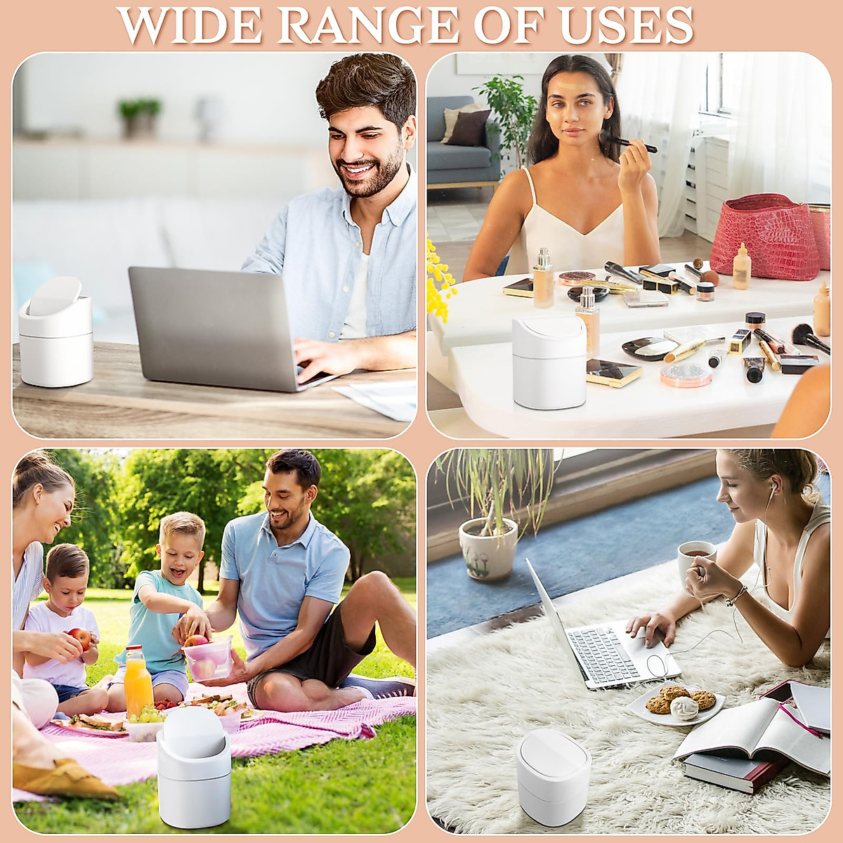 Kittmip 2 Pcs Mini White Desk Trash Garbage Can with Lid and 360 Pcs Trash Bags White 0.5 Gallon Tiny Countertop Waste Basket Desktop Trash Bin for Bathroom Kitchen Table Office