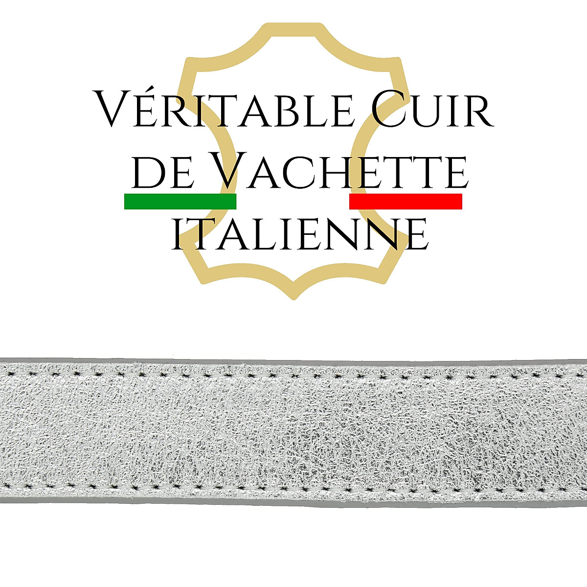 FASHIONGEN - Women genuine Italian leather belt LUNA, Made in France - Silver, 85 cm (33 in) / Waist size 31 to 32