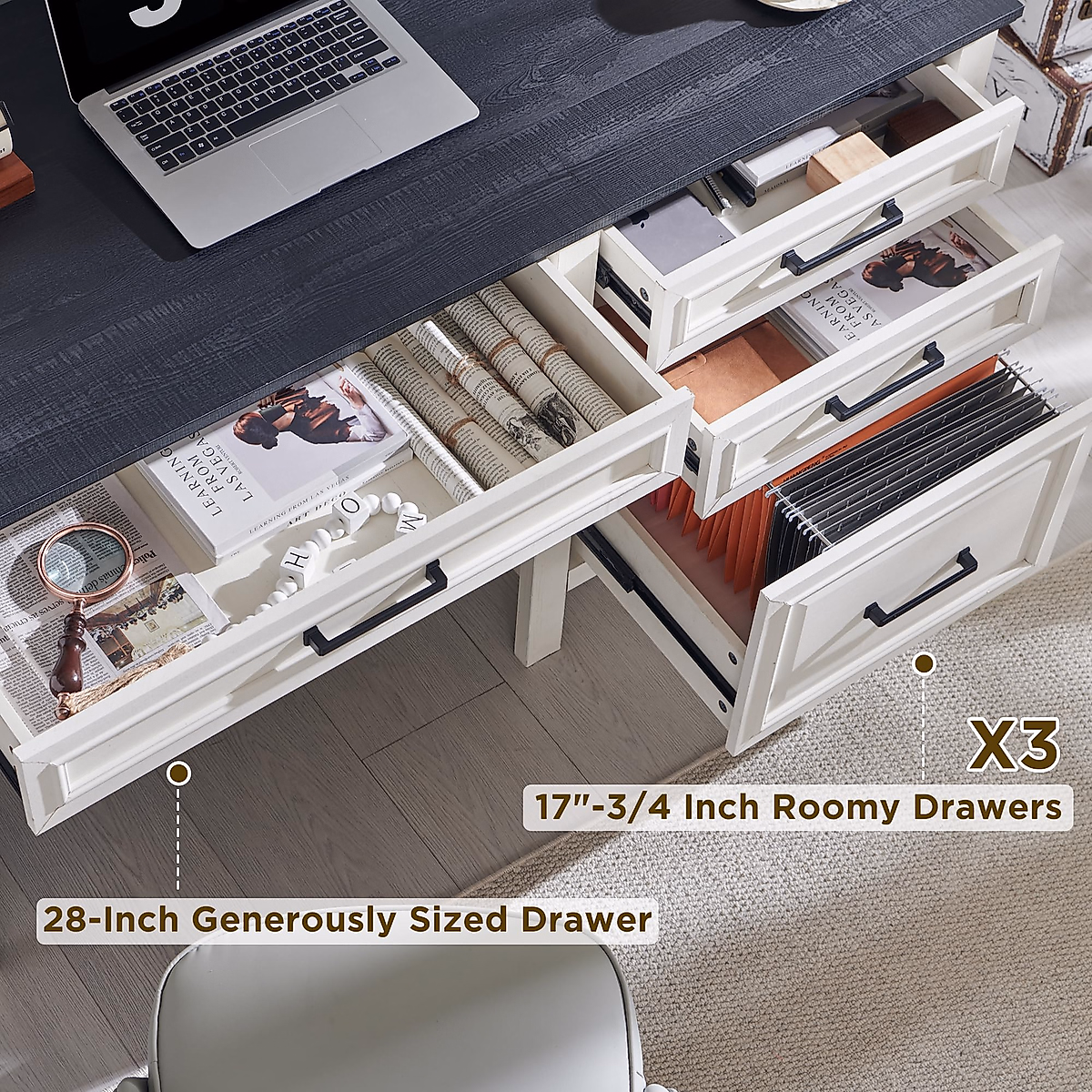 JXQTLINGMU 53INCH Home Office Desk, Modern Farmhouse Computer Desk with File Cabinet Letter T4 F4 Legal, Study Writing Desk, Off White