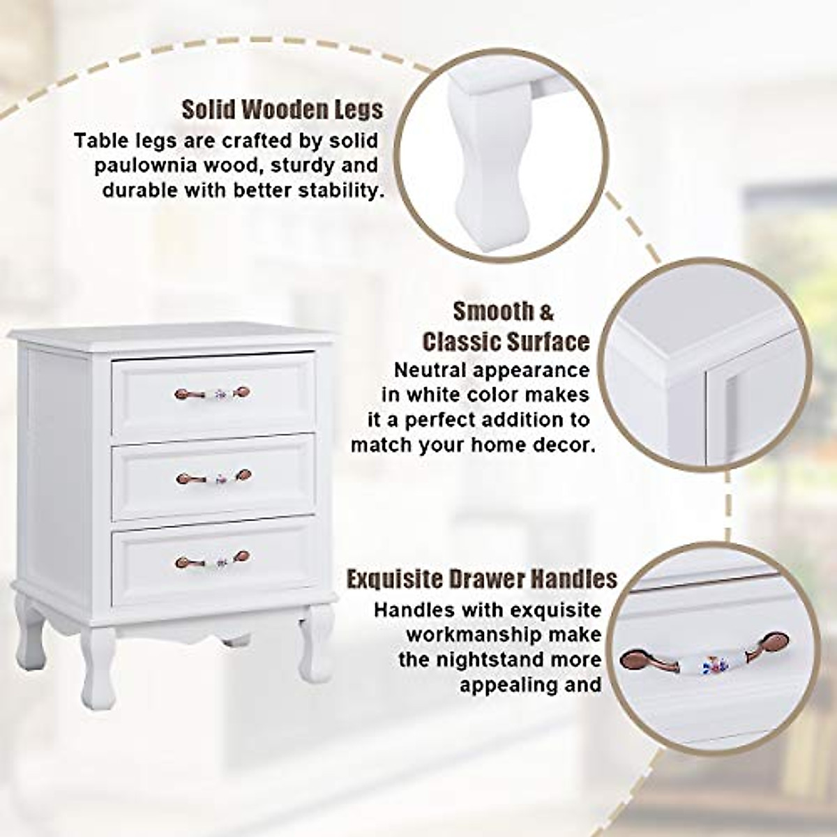 Giantex 3 Drawers Nightstand, Mid-Century Vintage Bedside Table w/Exquisite Handle & Solid Wood Legs, Wood Sofa End Table Storage Cabinet Accent Furniture for Bedroom, White
