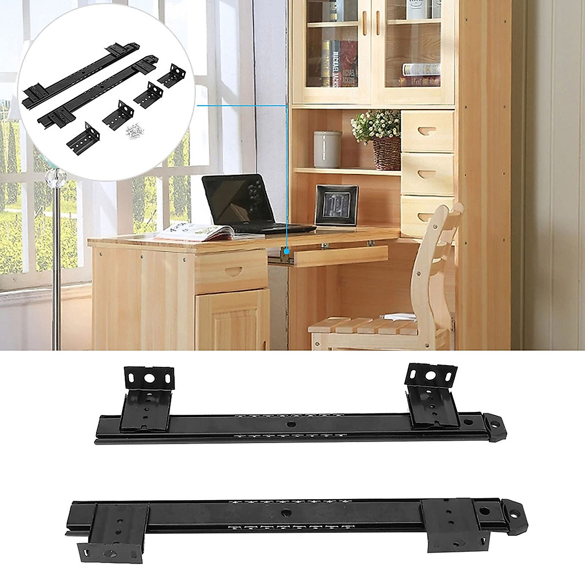 2Pcs Keyboard Slide, 14in Keyboard Drawer Slides Tray, Thickened Steel Desk Slide Computer Keyboard Rail Bracket, Ball Bearing Slides for Keyboard Tray
