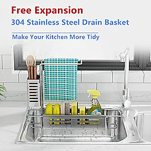 BEENLE 304 Stainless Steel Telescopic Sink Caddy Sponge Holder,Expandable Kitchen Sink Organizer Dish Drainer Rack Sink Tray Brush Soap Holder(14.6''-18.5''), Without Chopstick Holder