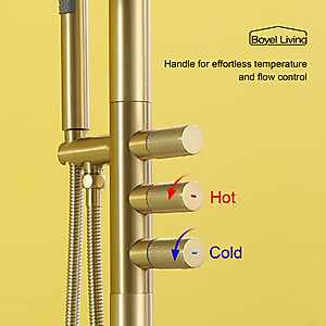 Freestanding Bathtub Faucet Floor Mount Tub Filler Faucet with Handheld Shower 360° Swivel Bathtub Faucet Set with Stainless Steel Water Supply Pipe, Brushed Gold