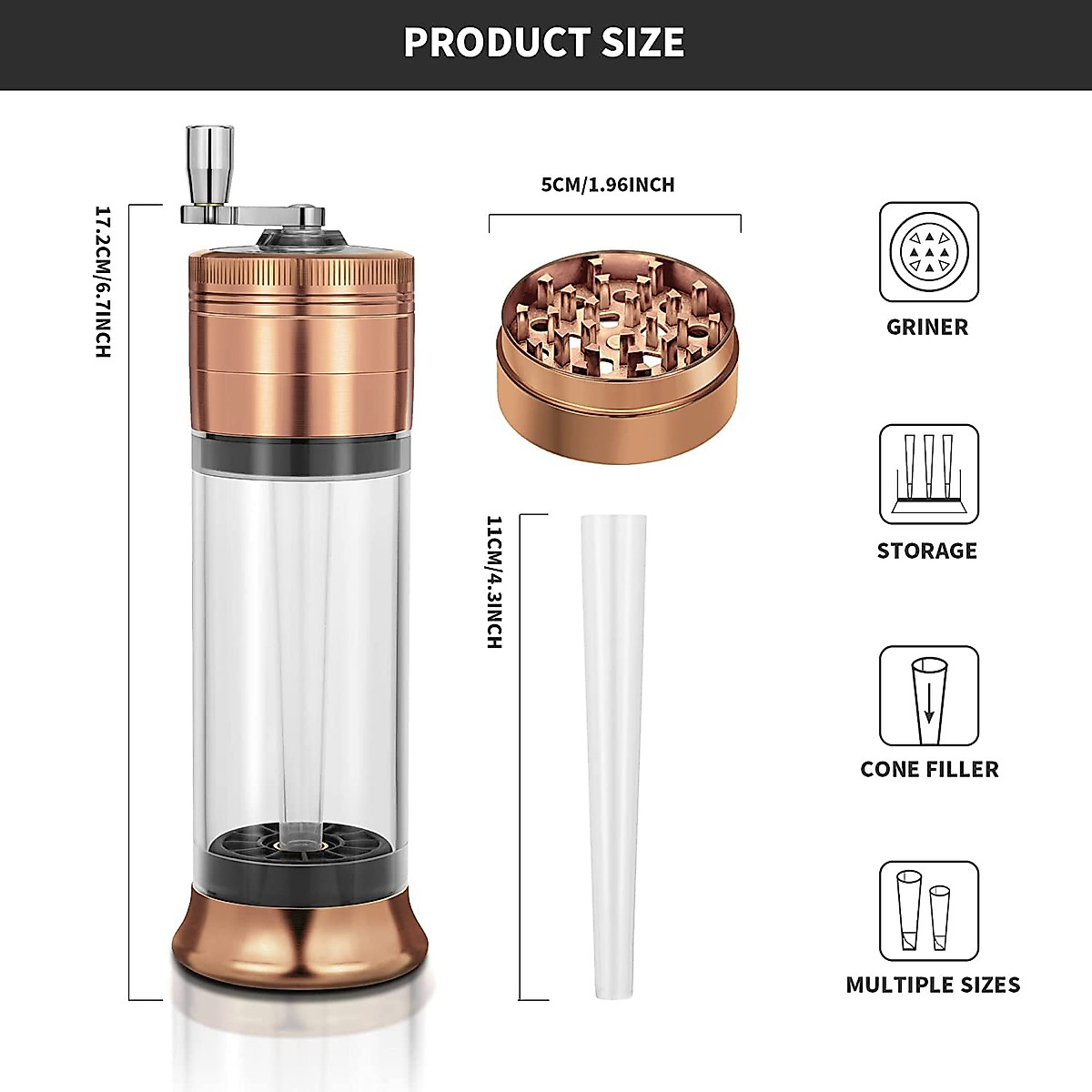 Spice Grinder 3-in-1 Hand Crank Loader Roller Crusher Filler Flower Buds Milling Grinding Storage with Magnetic Lid