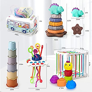 5 in 1 Baby Montessori Toys Set Include Shape Sorter Bin with Sound, Baby Tissue Box, Stacking Cups, Pull String Toy, Soft Stacking Rings, Sensory Toys for Infants Toddlers