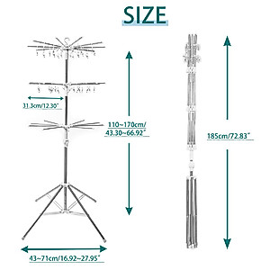 Hershii 3 Tiers Clothes Drying Rack Collapsible Indoor Outdoor Garment Airer Stand Folding Laundry Hanger Organizer Space Saving with Towels Bars and Clothespins, 43.3-66.92inches High