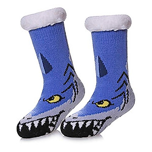 FNOVCO Kids Fuzzy Slipper Socks Toddler Boys Girls Soft Thick Cozy Fluffy Grips Socks Warm Fleece Lined Winter Indoor Non Slip Socks (8-12 Years, Blue Shark)