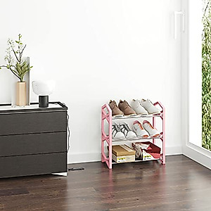 SHELAKET Upgrade 3-Tier Small Shoe Rack, Metal Lightweight 5-7 Pairs Shoe Shelf Storage Organizer for Entryway, Hallway and Closet（Pink）