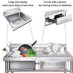 sdneNest Stainless Steel Kitchen Single Bowl Utility Sink with Hot & Cold Water Faucet - Left Slot Stainless Steel Outdoor Laundry Sink with Drawer.120x50x80cm