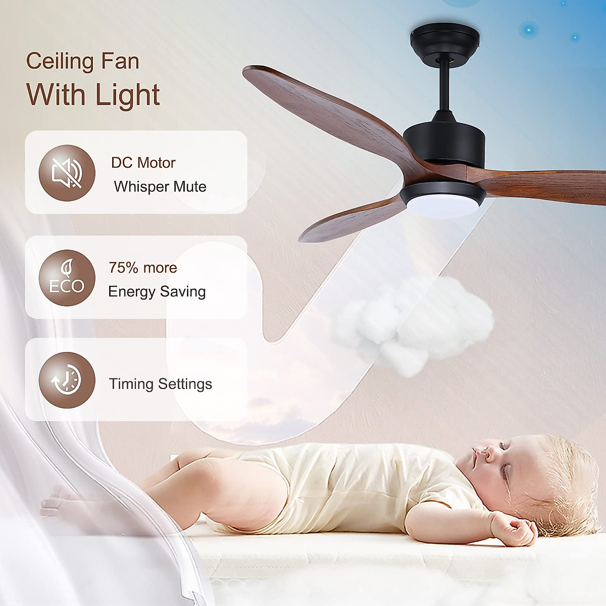 Ovlaim 52 Inch Solid Walnut Wood Ceiling Fans with Lights Remote Control, 3 Blade Propeller Smart Ceiling Fan for Bedroom Living Room Indoor Outdoor, ETL Listed High CFM Quiet DC Motor