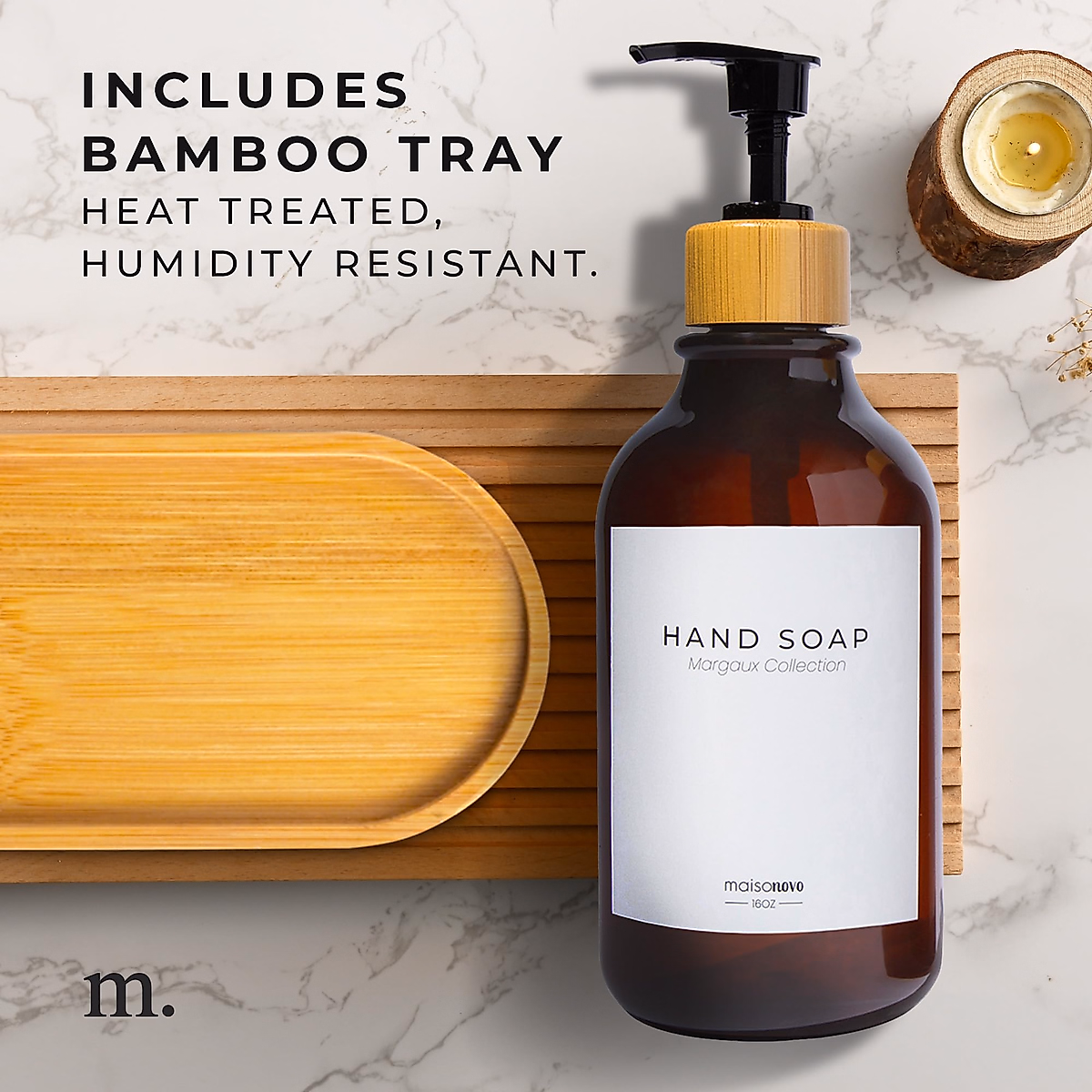 MaisoNovo Soap Dispenser 3-Piece Set | 16.9oz Amber Bottles with Black Bamboo Pumps