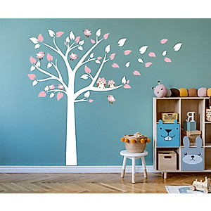 LUCKKYY Cute Owls with Birds Stand on The Tree Wall Decals Tree Wall Decals Tree Wall Sticker for Kid Baby Nursery Room (87x78") (Pink.)