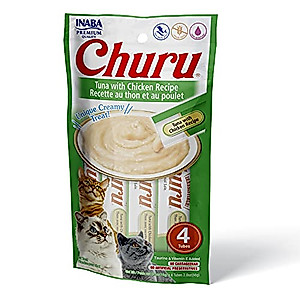 INABA Churu Lickable Purée Natural Cat Treats (Tuna with Chicken Recipe, 4 Tubes)