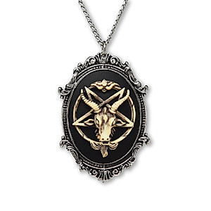 Antiqued Goat Head Satanic Baphomet Cameo Bone on Black In Silver Finish Frame Pendant Necklace